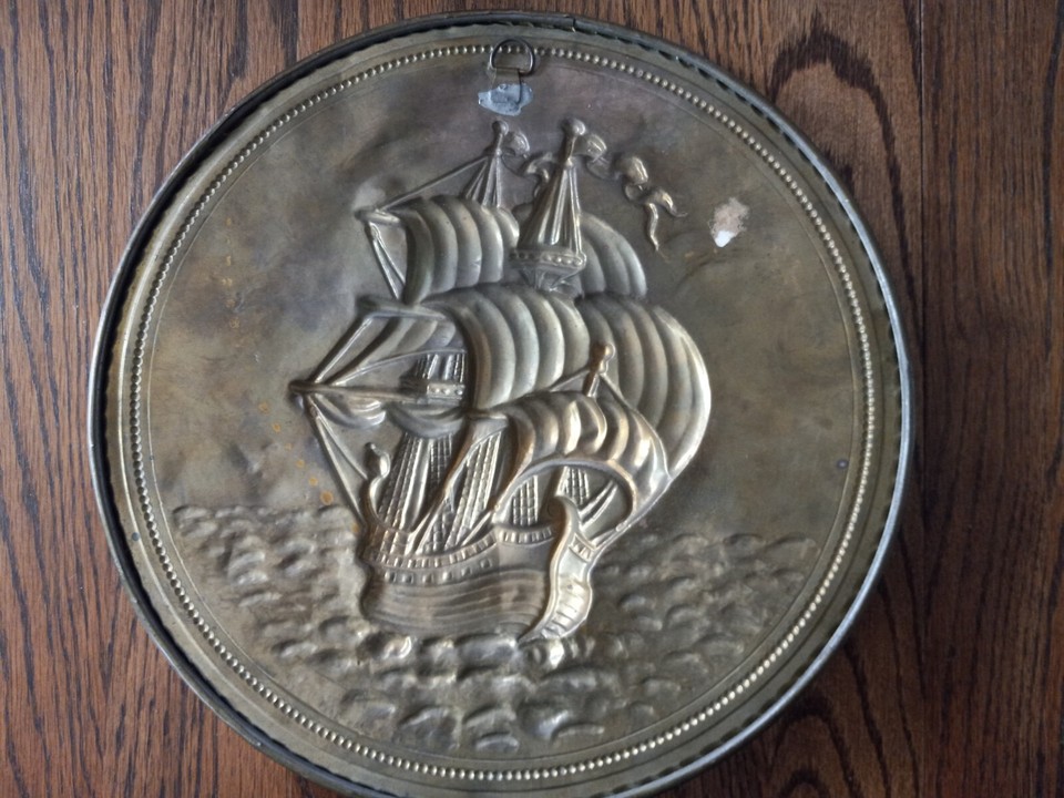 Vintage embossed nautical brass wall plaque boat ship sailing boat ...