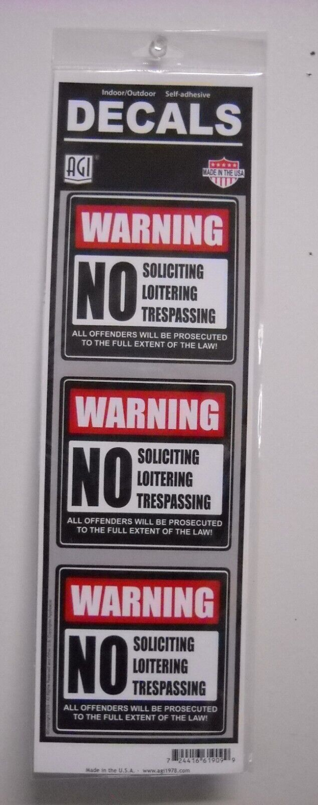 AGI Warning NO Soliciting Loitering Trespassing Pack of 3 Decals Indoor ...