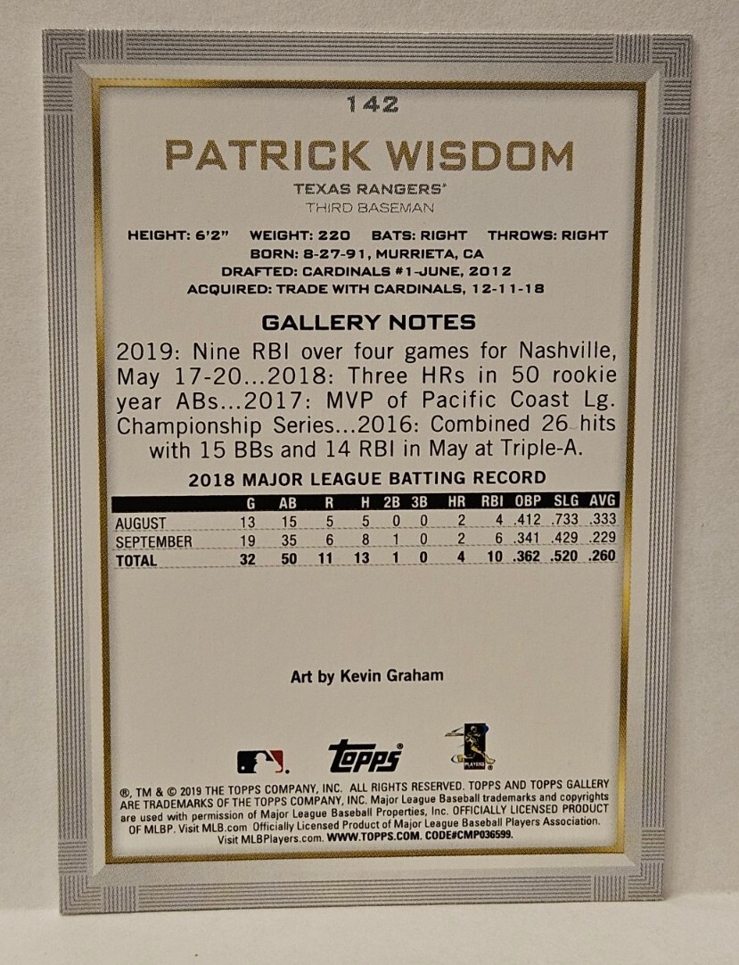 2019 Topps Gallery - Artist Proof #142 Patrick Wisdom (RC) for sale ...