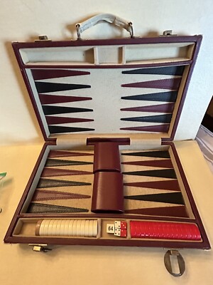 Vintage Backgammon Board Game Set in Brown Faux Leather brief Case READ ...