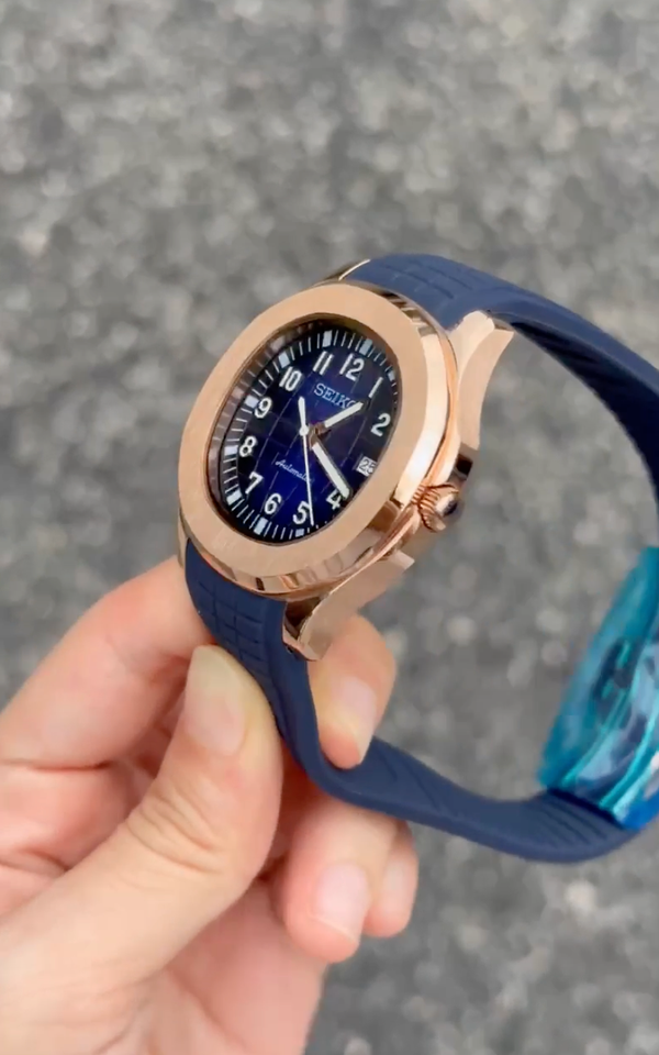 Seikmod Nautilus Style | Blue Grid Dial | Rose Gold Aut NH35 | Sapphire ...