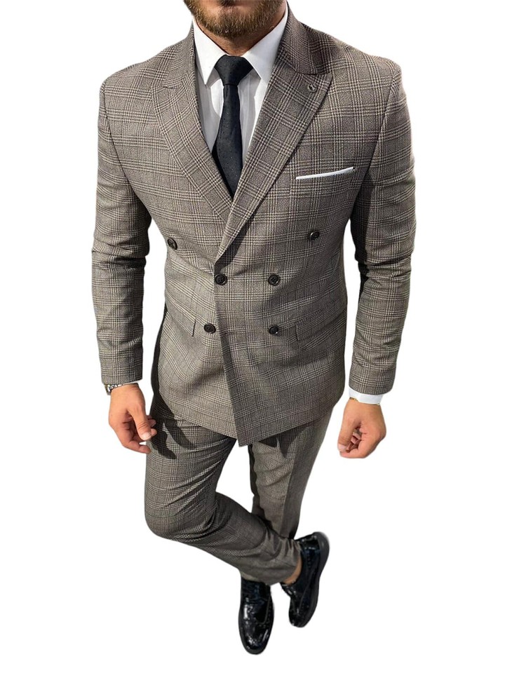 Designer Two Rows of Buttons Suit Braun Beige Checkered Suit Fitted ...