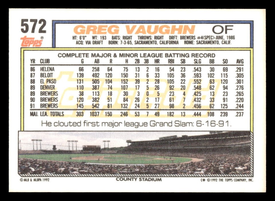 1992 Topps #572 Greg Vaughn Gold Winners | eBay