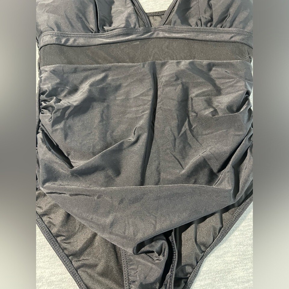 Illusion Swimsuit 1 Piece Women L Black Deep V Cut Ruched Padded Cups ...