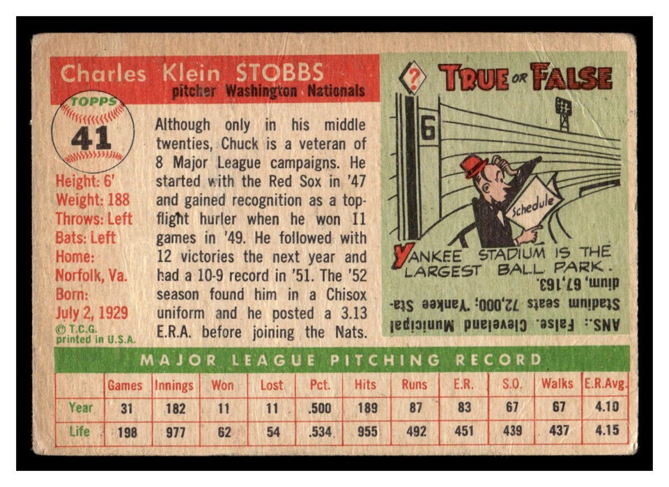 1955 Topps Chuck Stobbs 41 Washington Senators | eBay