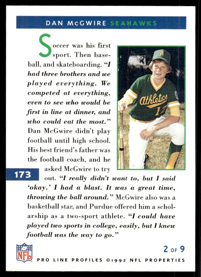 1992 Pro Line Football Card Dan McGwire Seattle Seahawks #173 | eBay