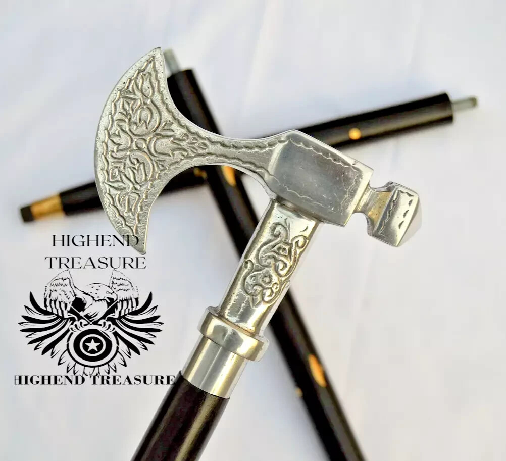 Antique Axe Sliver Finish Head Handle Victorian Woode… - Gem