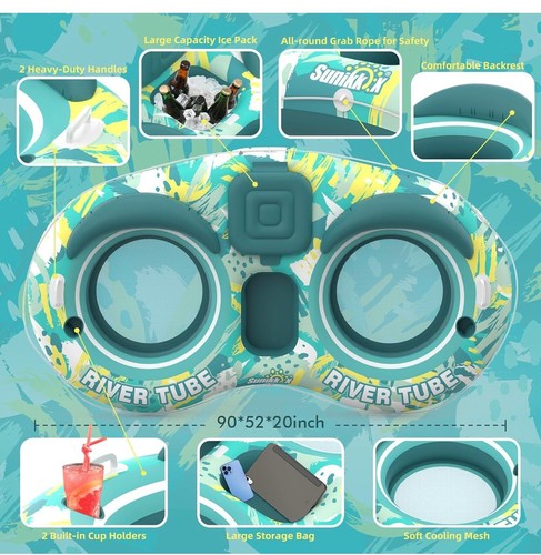 5-in-1 Pool Floats Adult Heavy Duty River Tube, 2 Person Water Lounge ...