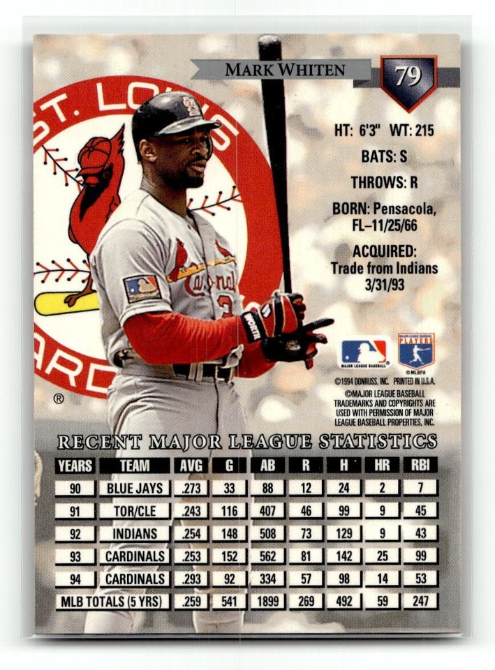 Mark Whiten #79 1995 Donruss St. Louis Cardinals Baseball Card MLB | eBay