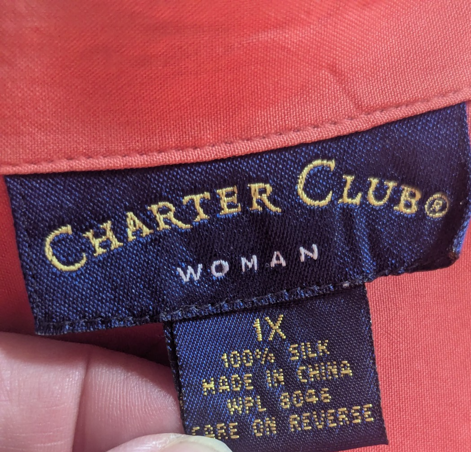 Charter Club Woman Silk Button Front Blouse Shirt Size 1X Salmon Career ...