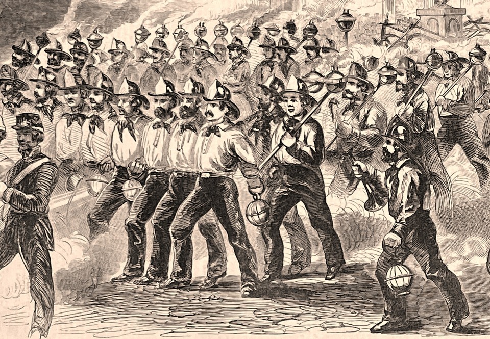 Grand Torch-Light Parade of New York Firemen 1870 engraved print | eBay