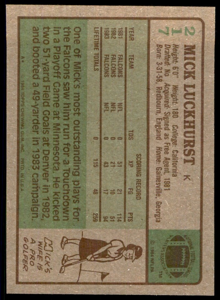 1984 TOPPS. MICK LUCKHURST. ATLANTA FALCONS #217 | eBay