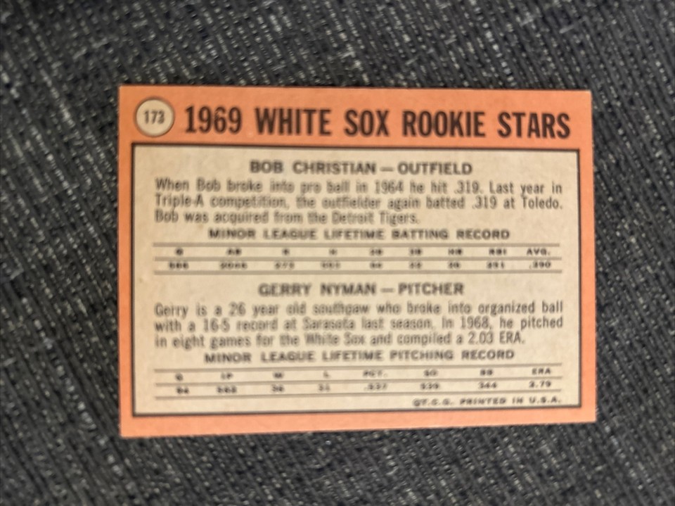 1969 Topps Card #173 Bob Christian Chicago White Sox Rookie Stars Nm ...