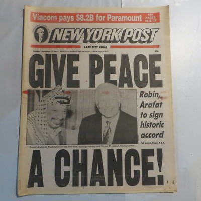 New York Post September 13 1993 Give Peace Chance Yasser Arafat Jimmy ...