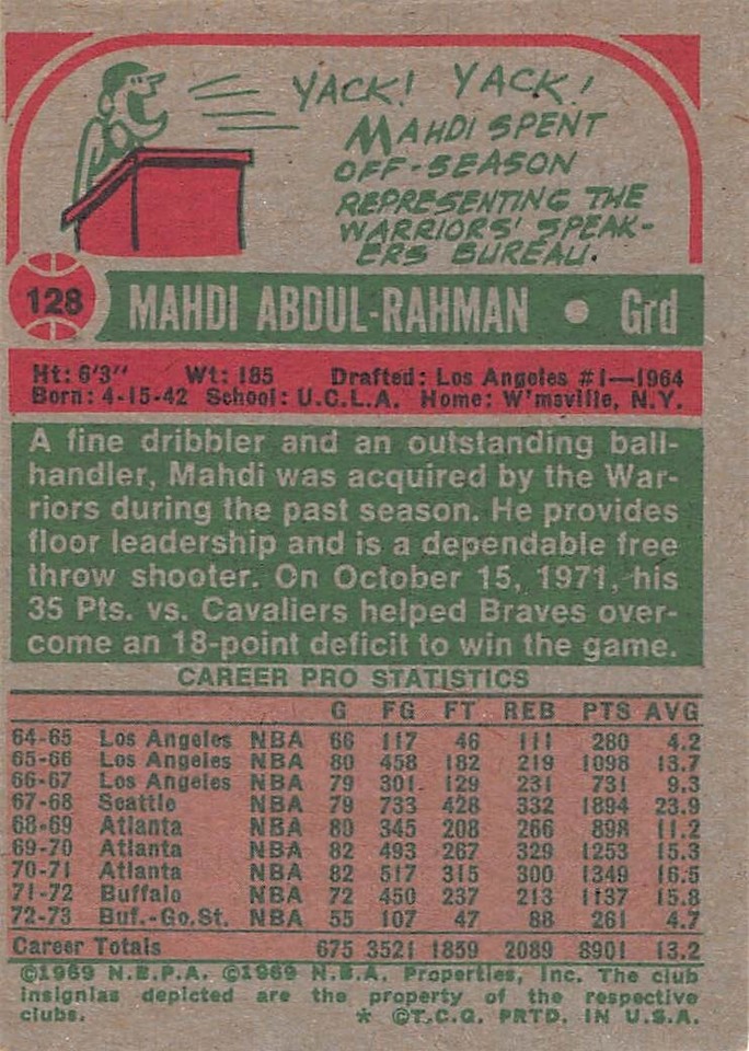 1973-74 Topps Basketball Mahdi-Abdul-Rahman #128 VG+ SEATTLE ...