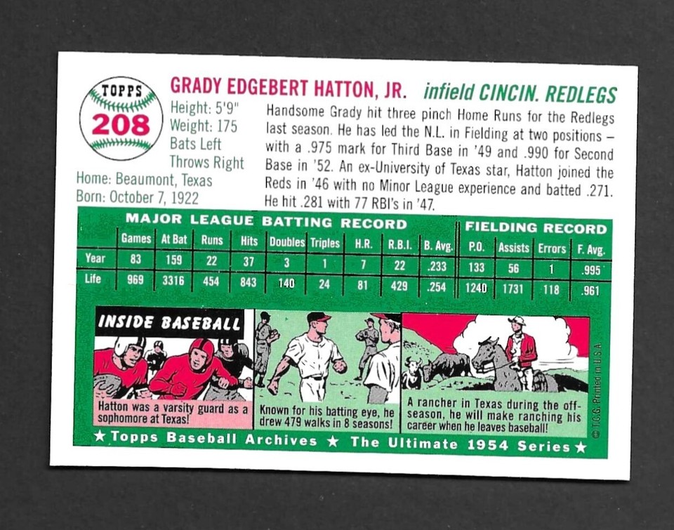 GRADY HATTON Cincinnati Reds Signed Auto. 1994 Topps Archives '54 ...