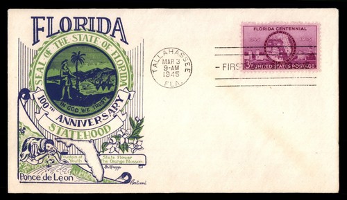 MayfairStamps US FDC 1945 Florida Statehood Anniversary Fleetwood First ...