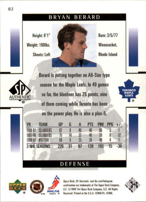 1999-00 SP Authentic Maple Leafs Hockey Card #82 Bryan Berard | eBay
