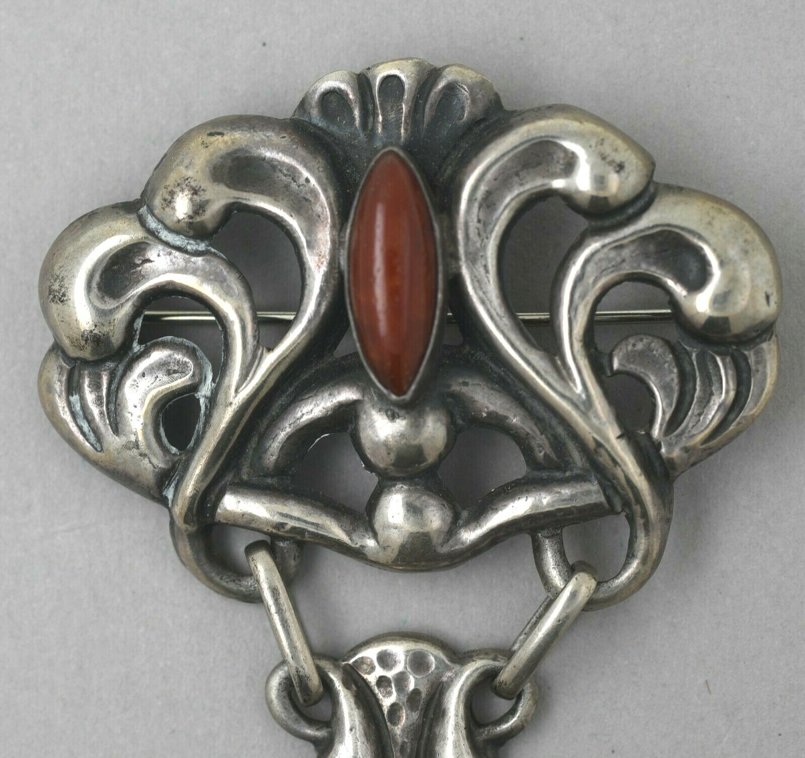 Antique Nouveau Silver Brooch W/ Stone EXCELLENT - Gem