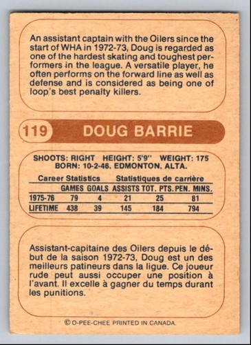 1976-77 O-PEE-CHEE WHA BASE DOUG BARRIE EDMONTON OILERS #119 | eBay