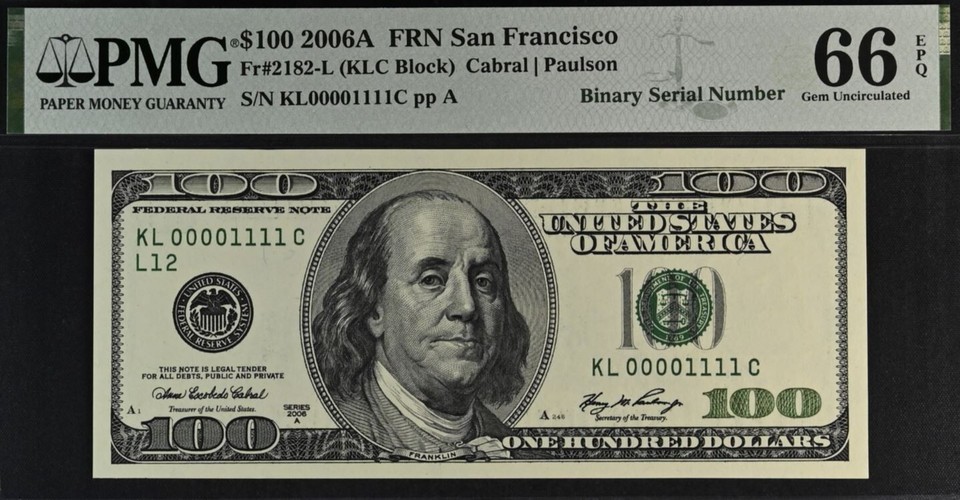 2006A $100 Federal Reserve Note PMG 66EPQ Gem Double Quad Binary Serial ...