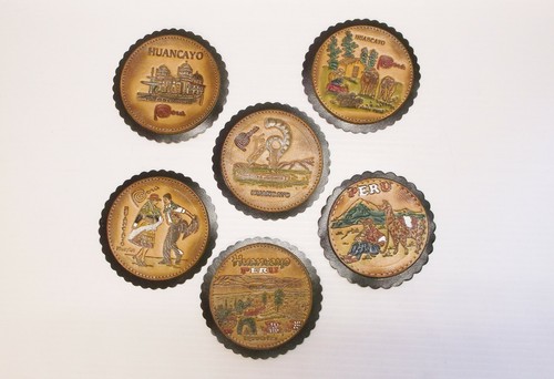 Peru Leather Coaster Set Of 6 Different Designs-Colorful-3 1/2" Round ...