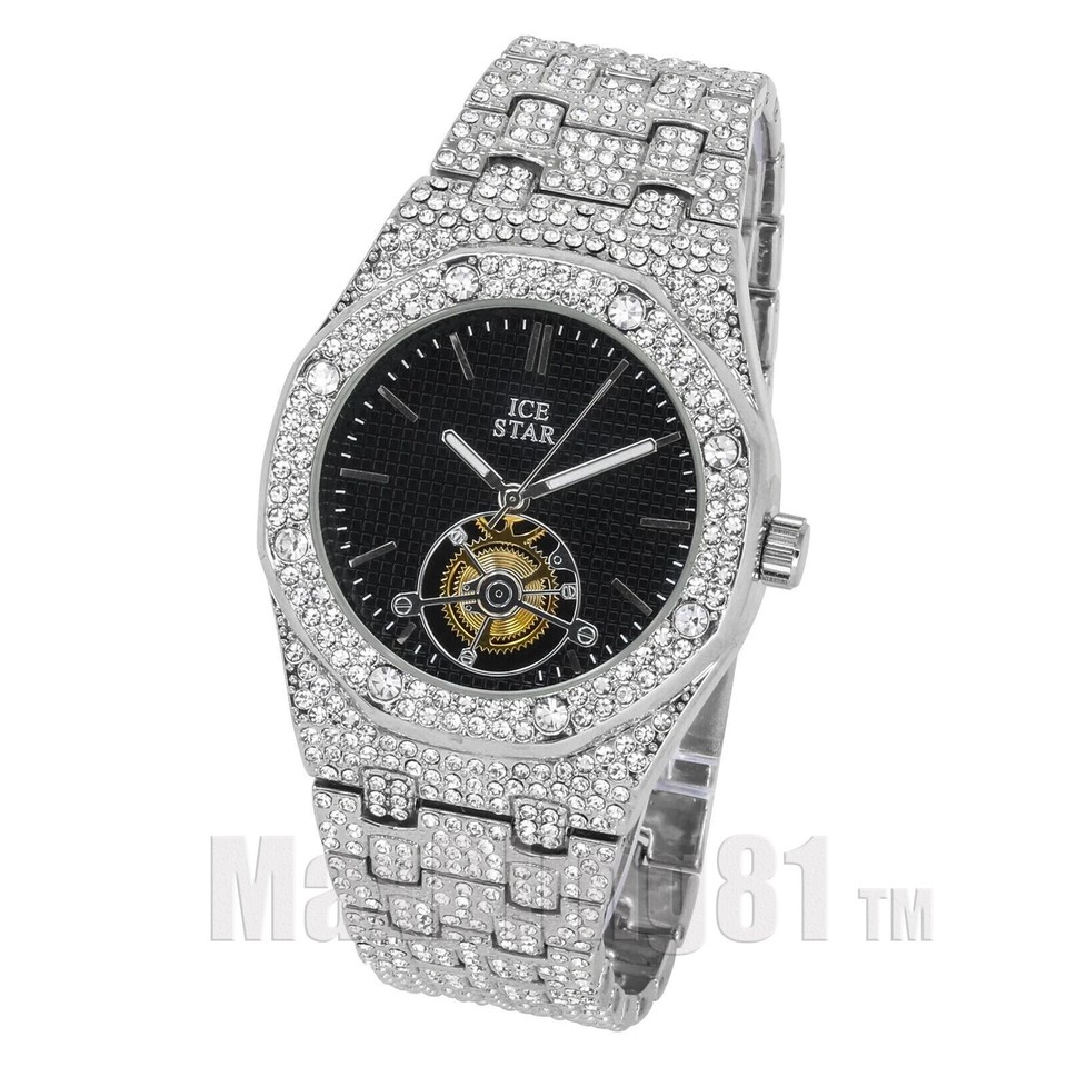 Luxury Iced Hip Hop Silver Plated Rapper Bling Metal Band Black Dial ...