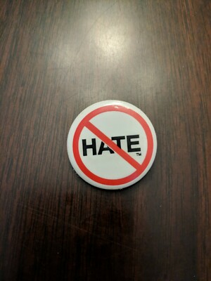 TM Don't Hate, No Hate Button Backpack Pin 1" pre-owned, trade mark no ...