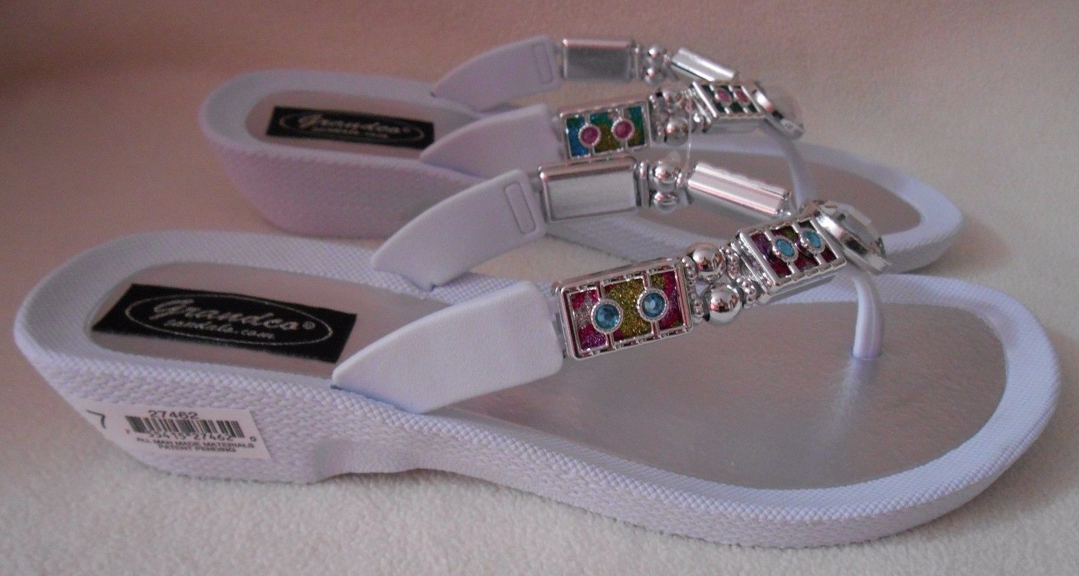 GRANDCO SANDALS WHITE BOHEMIAN GLITTER V-THONG BLING Pastel STONES ...