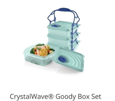 Tupperware CrystalWave 5pc Vented Goody Boxes Ice Blue w/Navy Cariolier ...