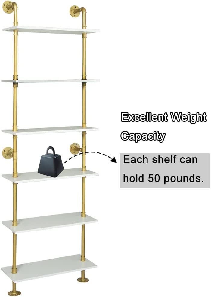 Industrial Gold Bookshelf6 Tier Wall Mounted Ladder Bookshelf Rustic ...
