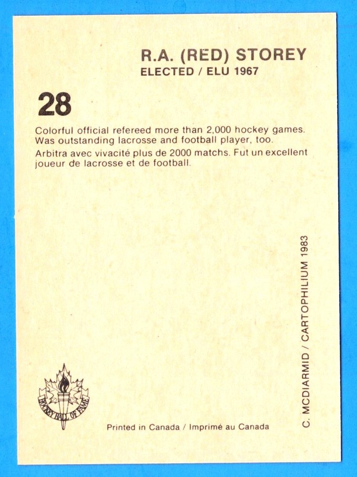 Red Storey 1985 Cartophilium Hockey Hall of Fame #28 (ex-mt) Referee | eBay