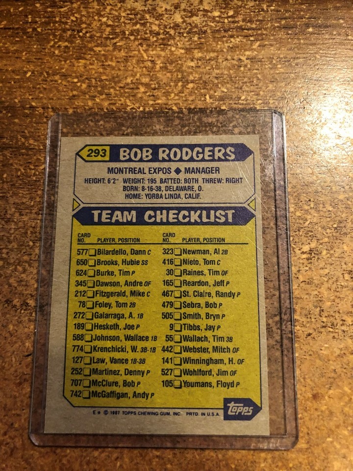 1987 Topps Baseball # 293 Bob Rodgers Expos Manager/Checklist Unused | eBay