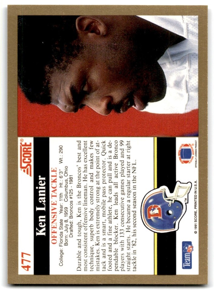 1991 Score Ken Lanier Denver Broncos #477 | eBay