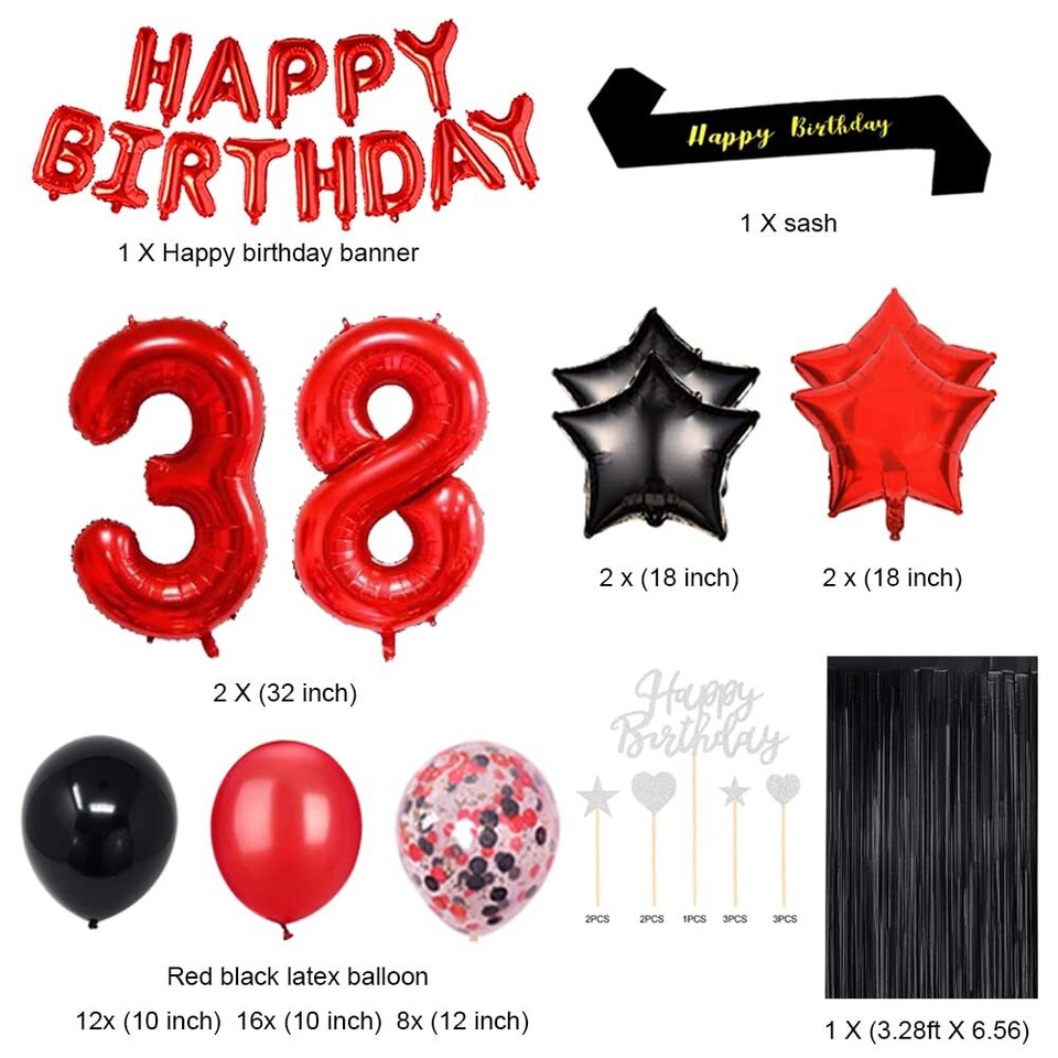 Fancy 38TH Birthday Party Decorations Supplies Red Black Later Balloons ...