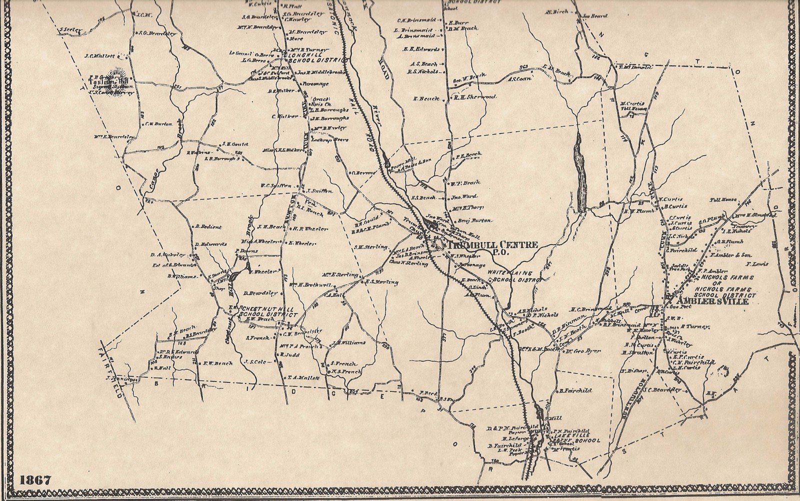 Trumbull Nichols Farms Stepney Long Hill CT 1867 Map Homeowners Names ...