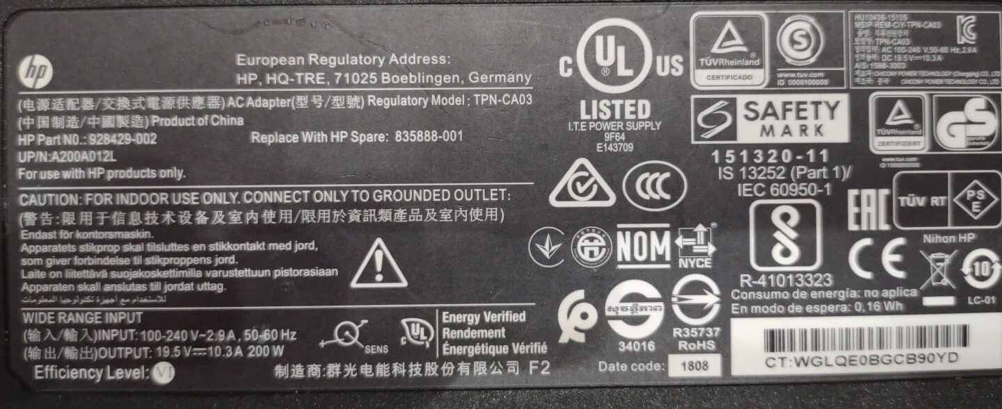 OEM HP 928429-002 200w AC Adapter With Power Cord for sale online | eBay