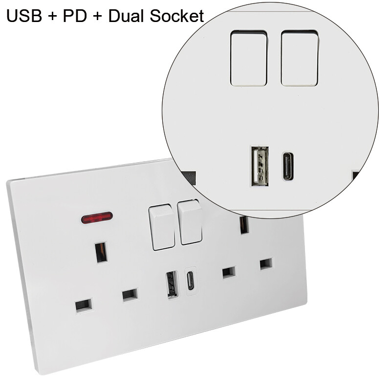 11/25W Double Wall Plug Socket 2 Gang 13A with USB Type C Outlets Flat ...