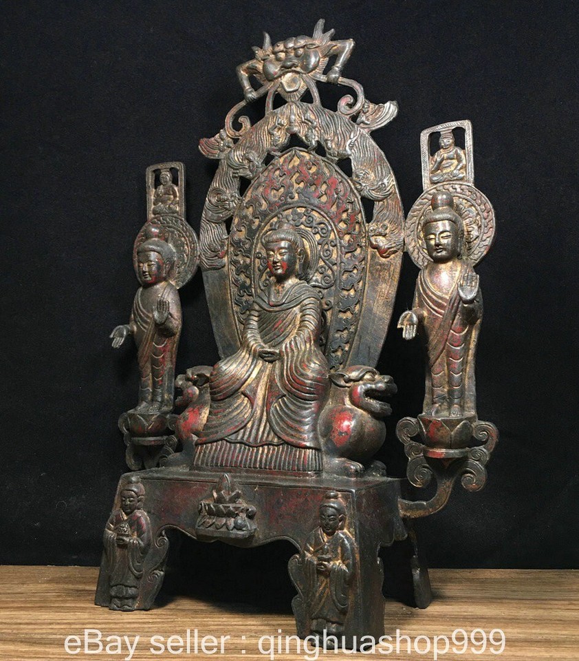 14.8" Chinese Buddhism Marked Bronze Stand Base 5 Backlight Buddha ...
