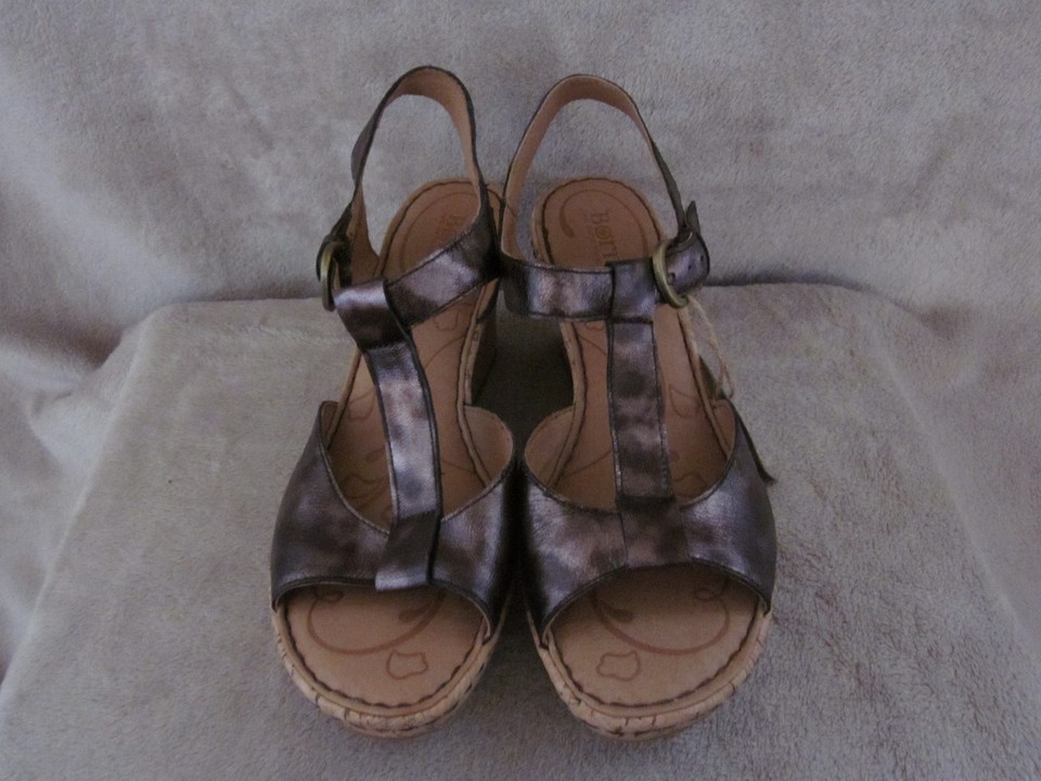 BORN D31223 Mares Dark Brown Metallic Wedge Sandals Heels Shoes US 9 EU ...