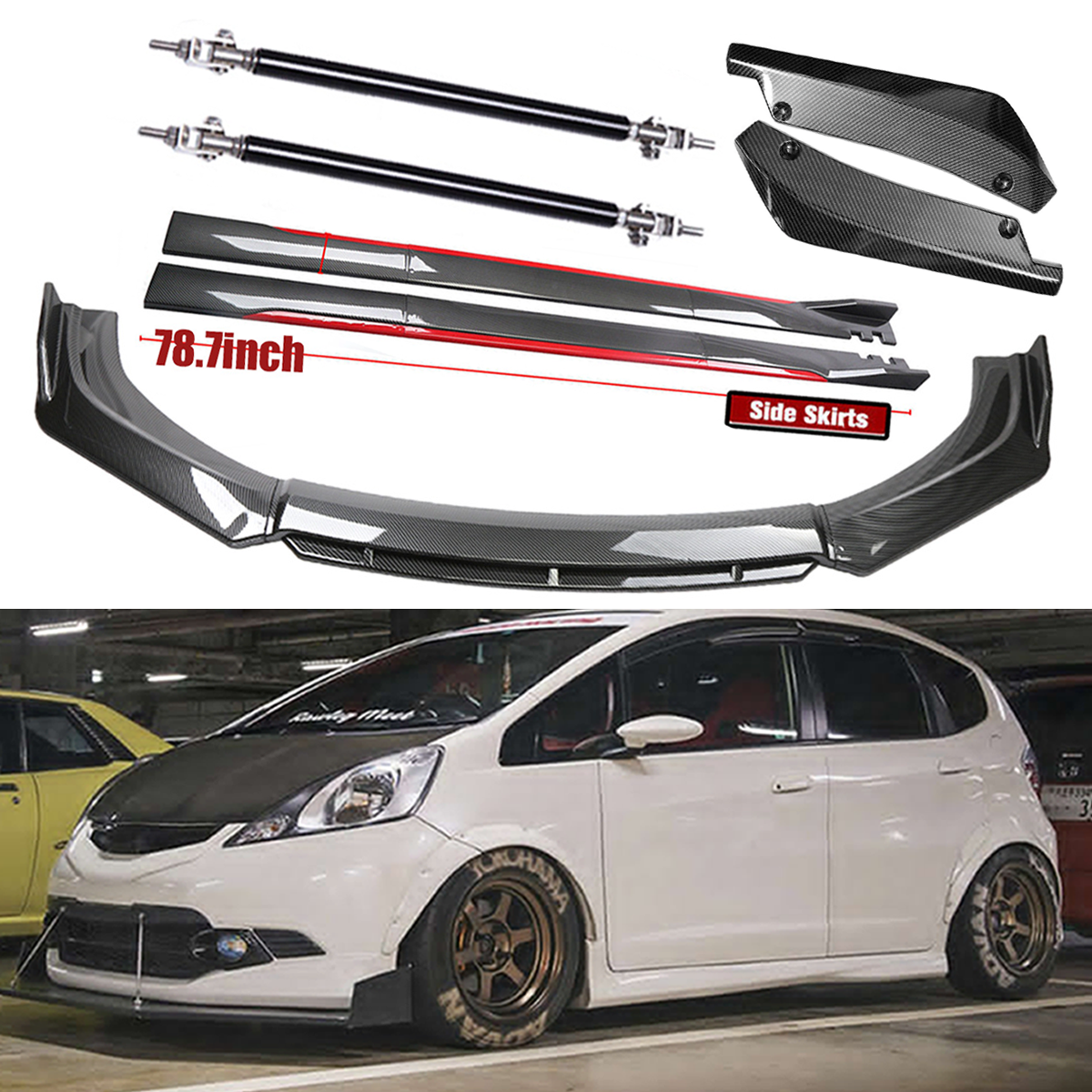 Front Rear Bumper Lip+78.7"Side Skirt Extension For Honda Fit Body Kits ...