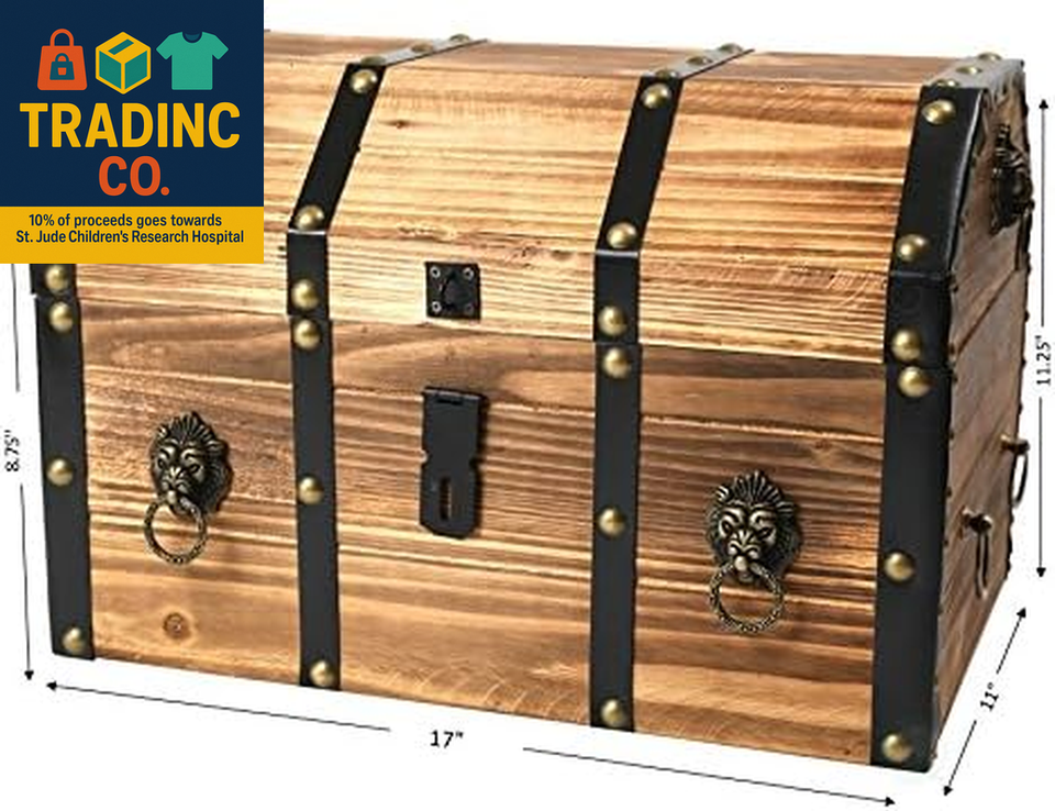 Wooden Treasure Chest Trunk Vintage-Style Storage Box with Leather ...