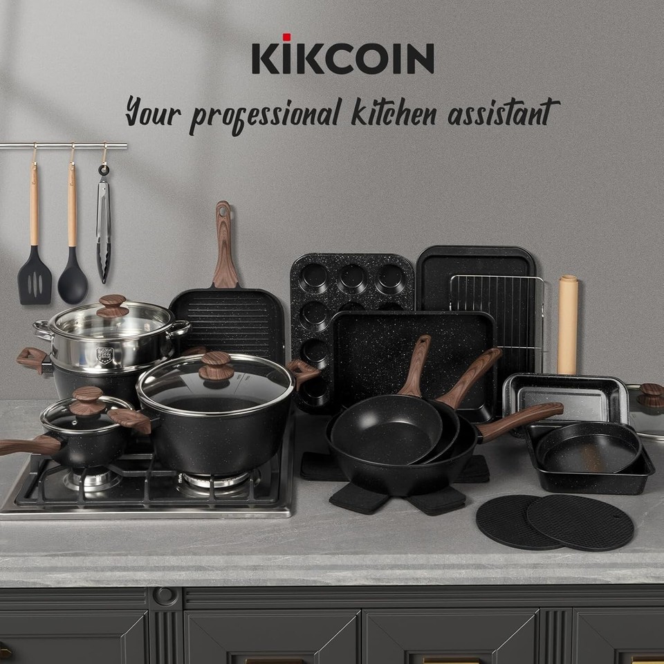 Kikcoin 31 Pcs Kitchen Cookware Set Non Stick Pots & Pans w/ Grill Pan, Saucepan | eBay
