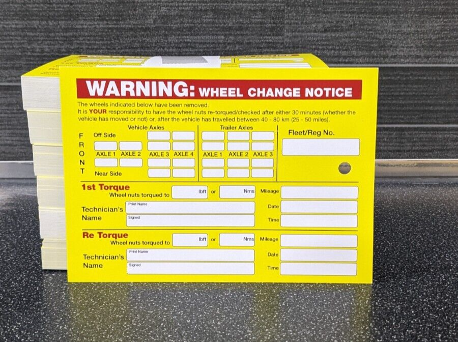 Wheel security re-torque, tourque warning tag, card (50 Cards) | eBay UK