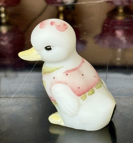 QVC Fenton Glass Figurine Duck Duckling Opal Satin w HP Pink Polka Dots ...