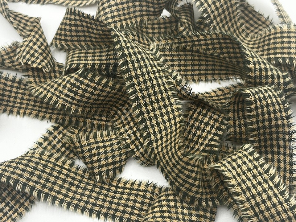 4 Yard Primitive Fabric Ribbon Strip 1” Wide HOMESPUN Green Tan Check ...