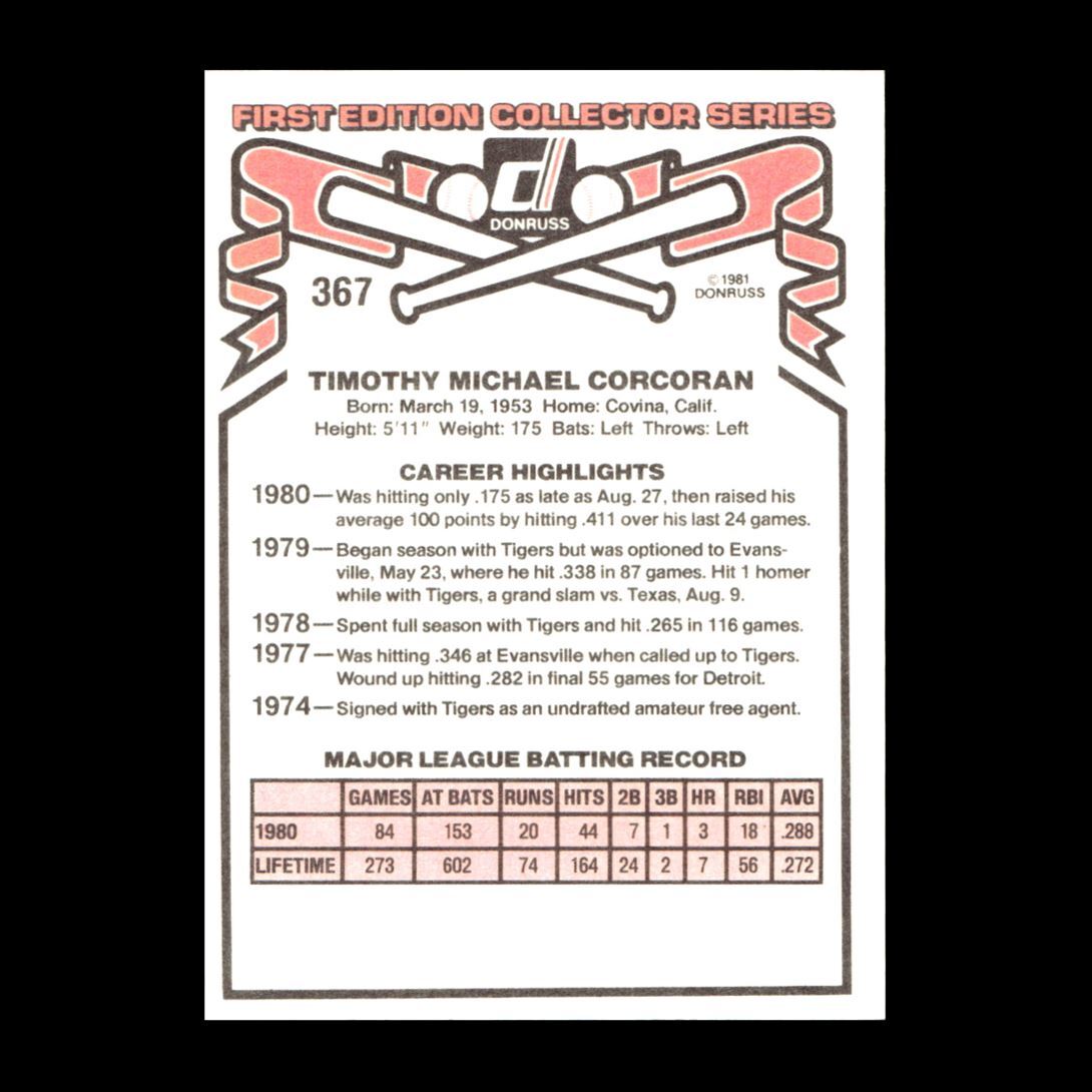 Tim Corcoran 1981 Donruss Detroit Tigers #367 NM+ Vintage! | eBay
