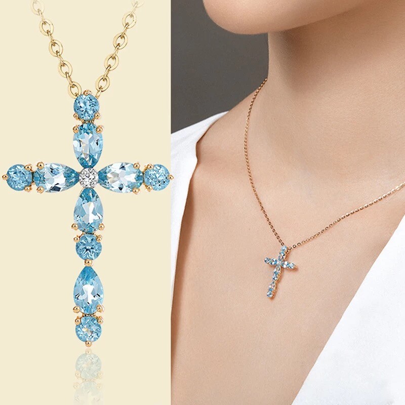 ZARD Large Cross Pedant in Blue CZ and Gold Plated Sterling Silver ...