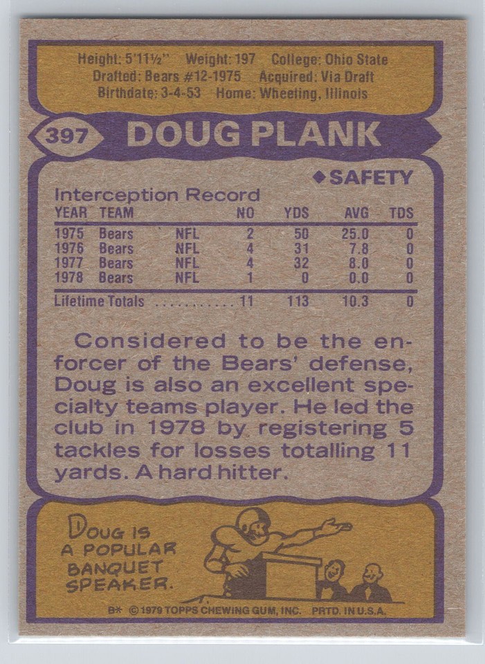 1979 Topps #397 Doug Plank - Bears - MINT | eBay