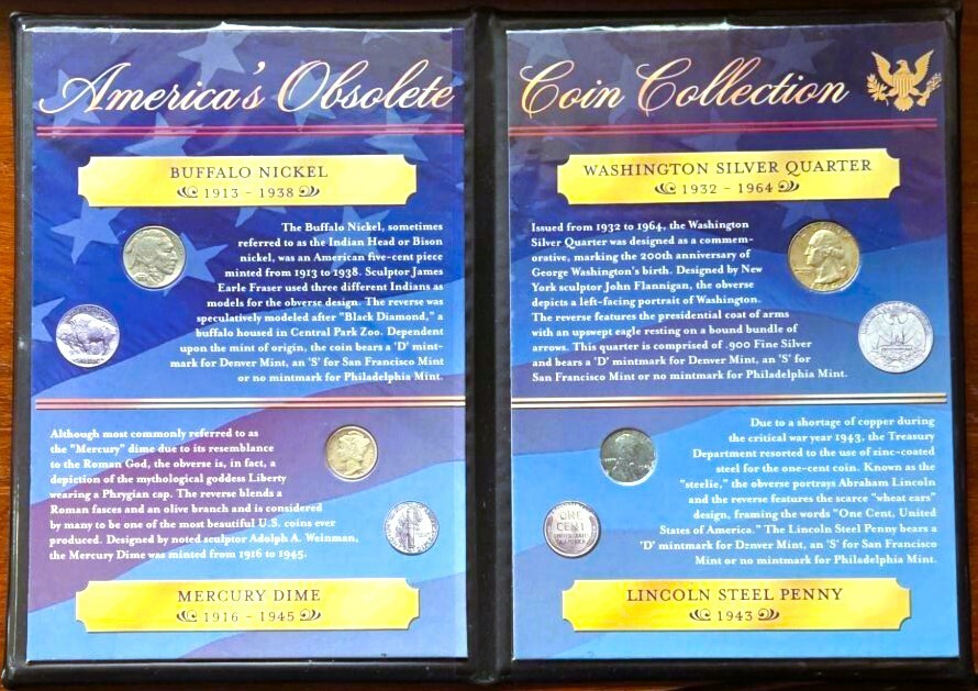 America's Obsolete Coin Collection w/COA 1964 Silver Quarter 1943 Steel ...